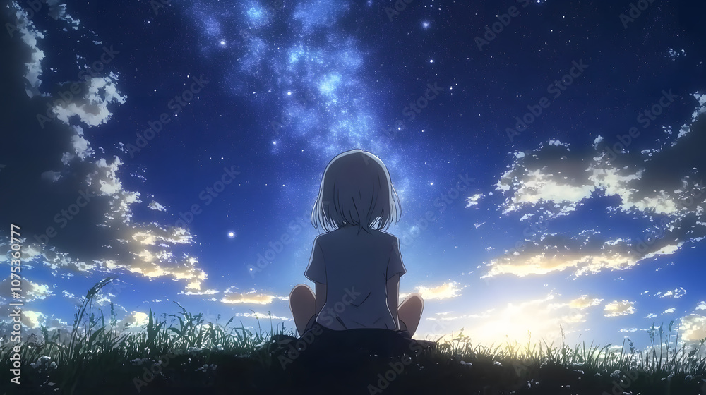 Anime girl stargazing. Cute girl looking at the night sky and watch the ...