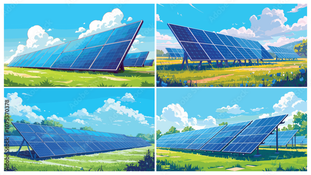 Cartoon solar panels. Field landscape with sun energy electricity ...