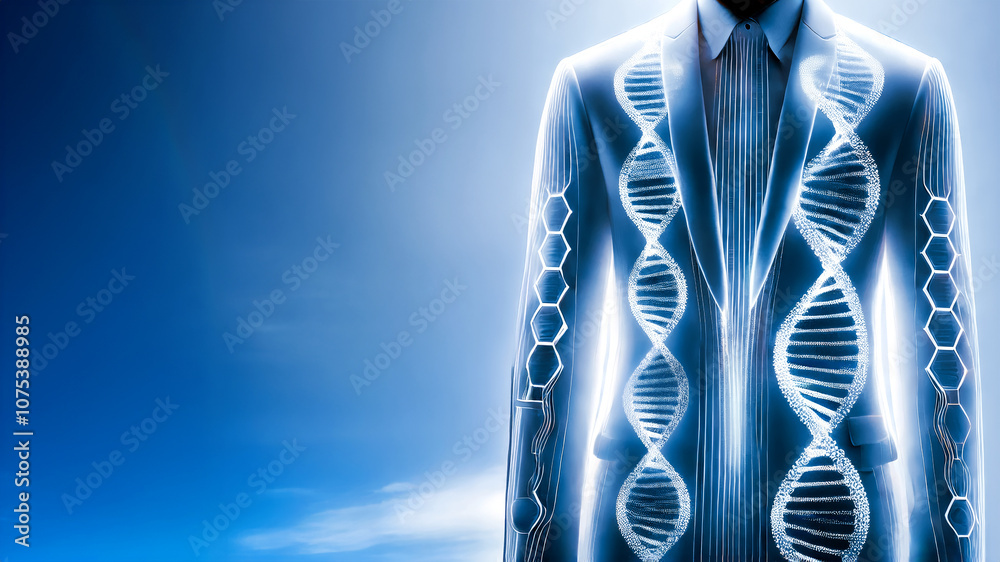 A futuristic suit with illuminated DNA patterns and hexagonal designs ...