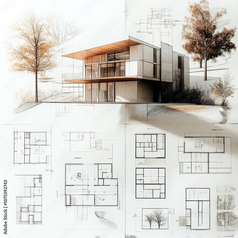Architectural design blueprint featuring a modern house with detailed ...