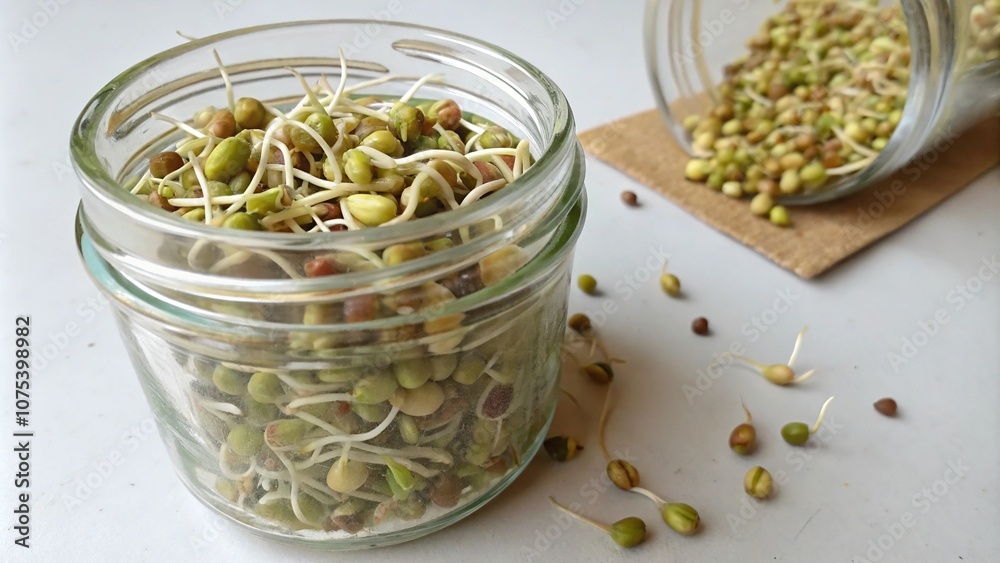 Germinating mung bean seeds in a glass jar, cooking ingredient ...