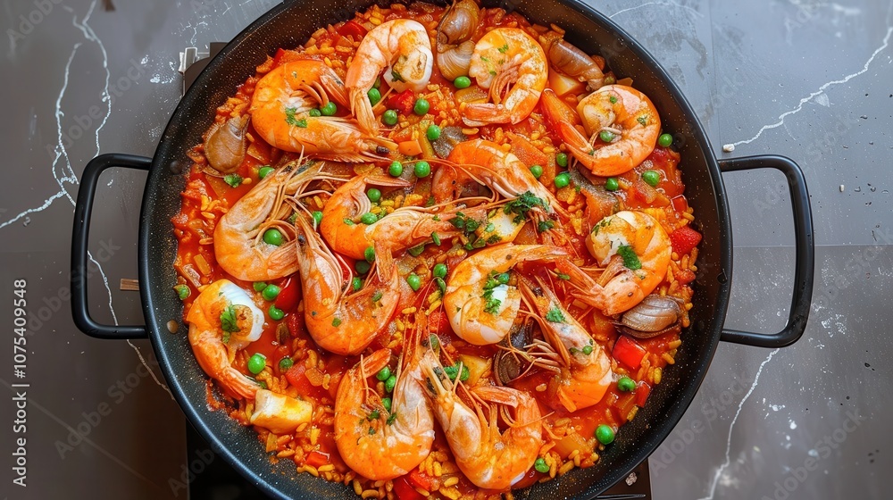 halal street food cuisine. A vibrant dish of shrimp paella, featuring ...