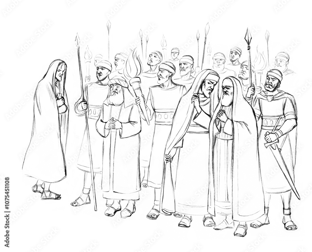 Pharisees and high priests with soldiers in Gethsemane. Pencil drawing ...