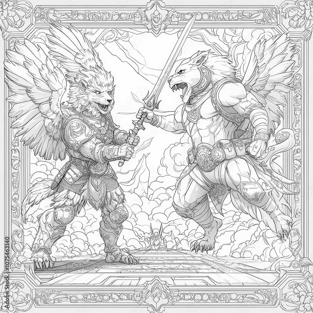 A fantasy battle between mythical creatures, anime coloring page for ...