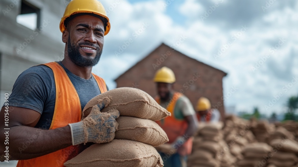 group of construction workers, wearing hard hats and work gloves ...