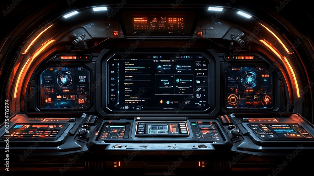 Futuristic spaceship cockpit interior with digital displays and controls. Stock Illustration ...