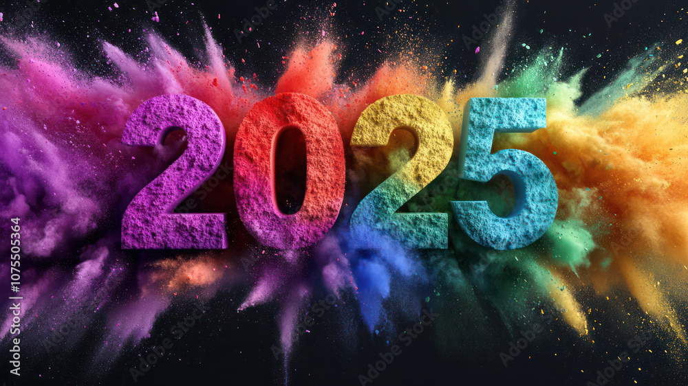 2025 in Explosive Color Powder Burst on Black Background. New Year ...