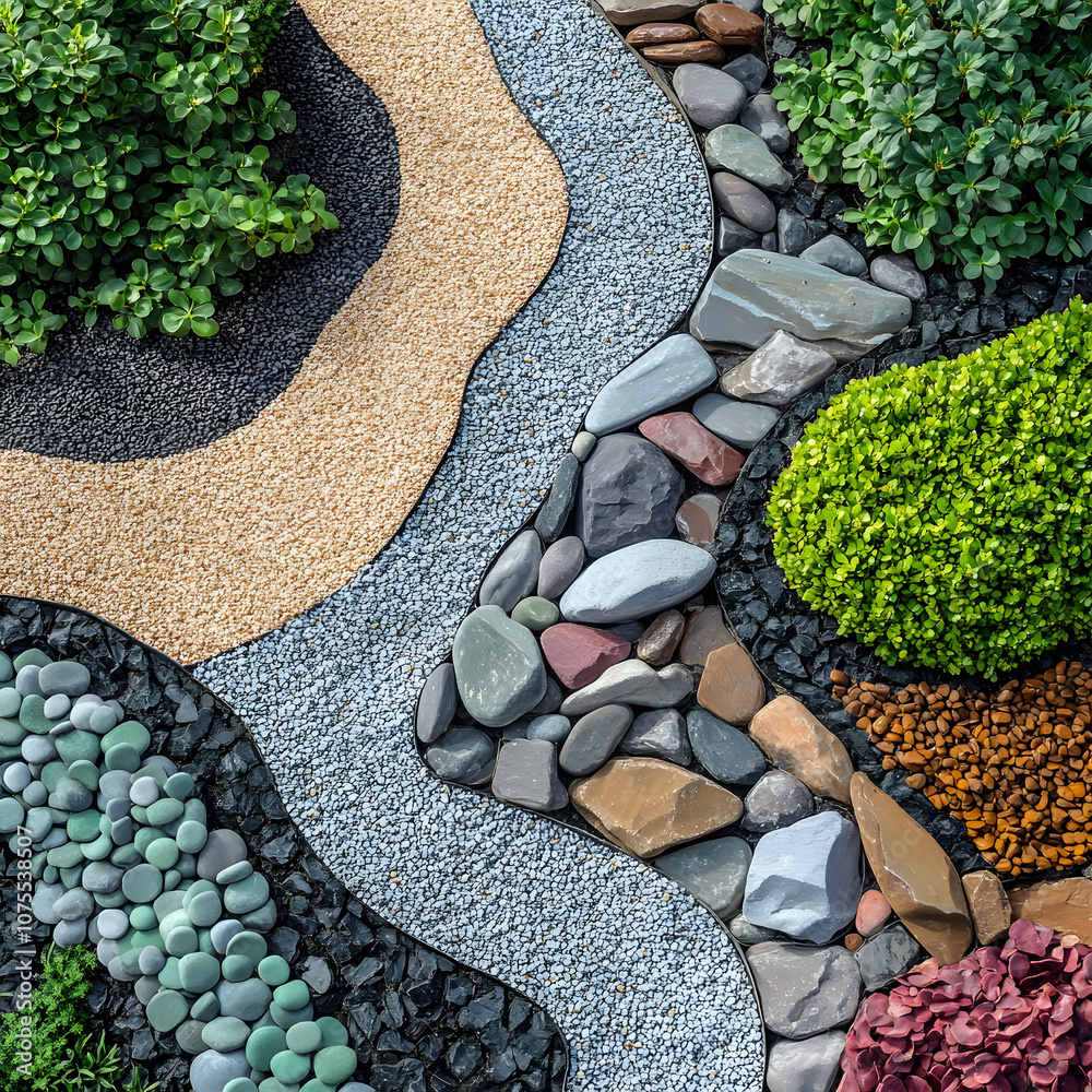 Stunning garden layout with colorful pebbles, natural stones, and lush ...