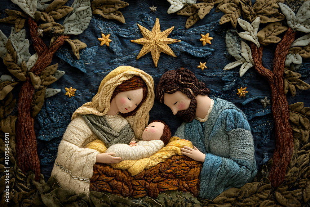 Embroidered nativity scene with Mary, Joseph, and baby Jesus under a ...