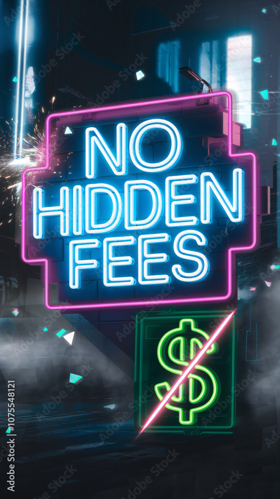 "NO HIDDEN FEES" neon signage in blue and pink with a crossed-out green ...