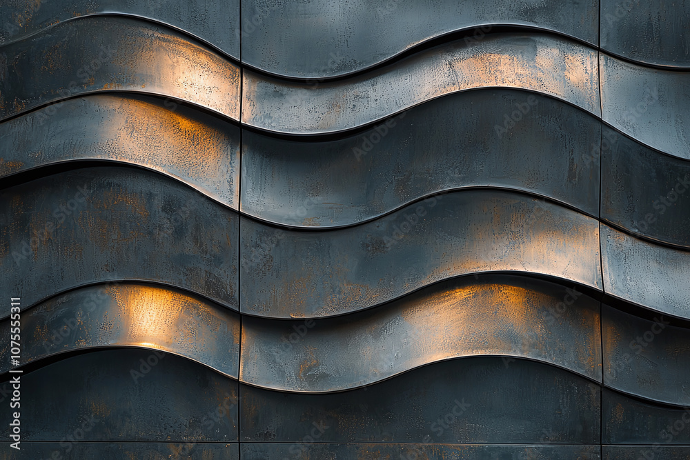 wavy metal cladding on a modern museum facade, with light creating ...