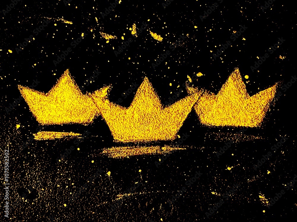 Epiphany Day or Three Kings day concept. Three gold crowns on black ...