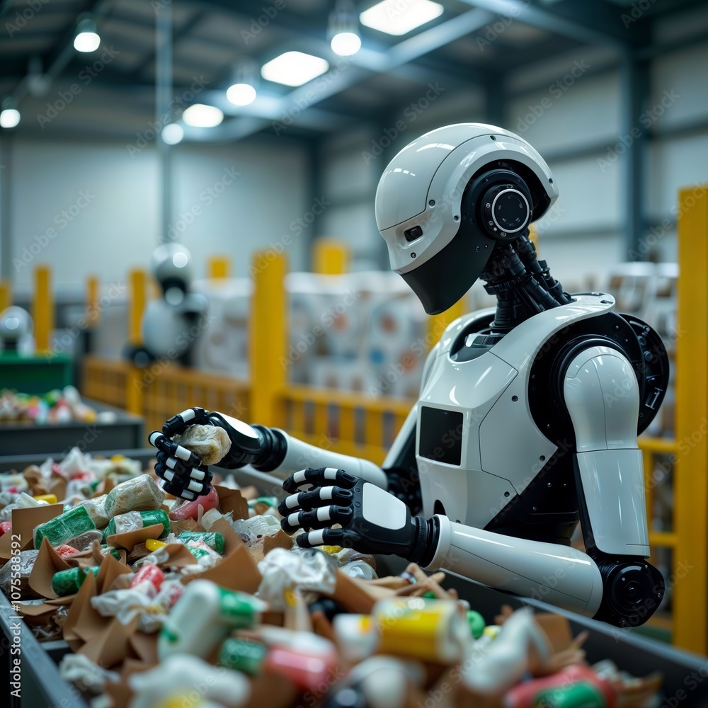 Cobot Sorting Waste. Humanoid robot sorting recyclable materials in a waste management facility ...