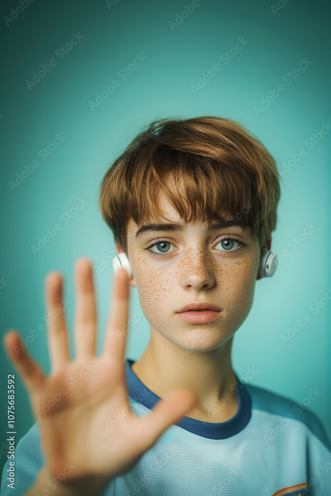 Young transgender boy with freckles and earphones raises his hand in a ...