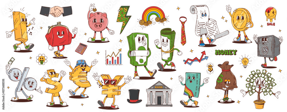 Retro groovy finance characters, psychedelic hippy money and bank ...
