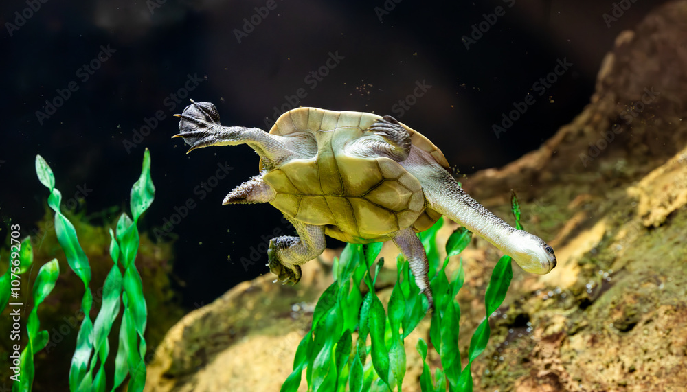 Stock-Foto „Roti Island Snake-necked turtle swimming in a terrarium at ...