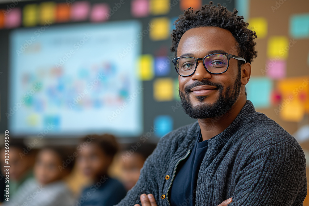 Online class engagement with a teacher leading a digital lesson in a ...