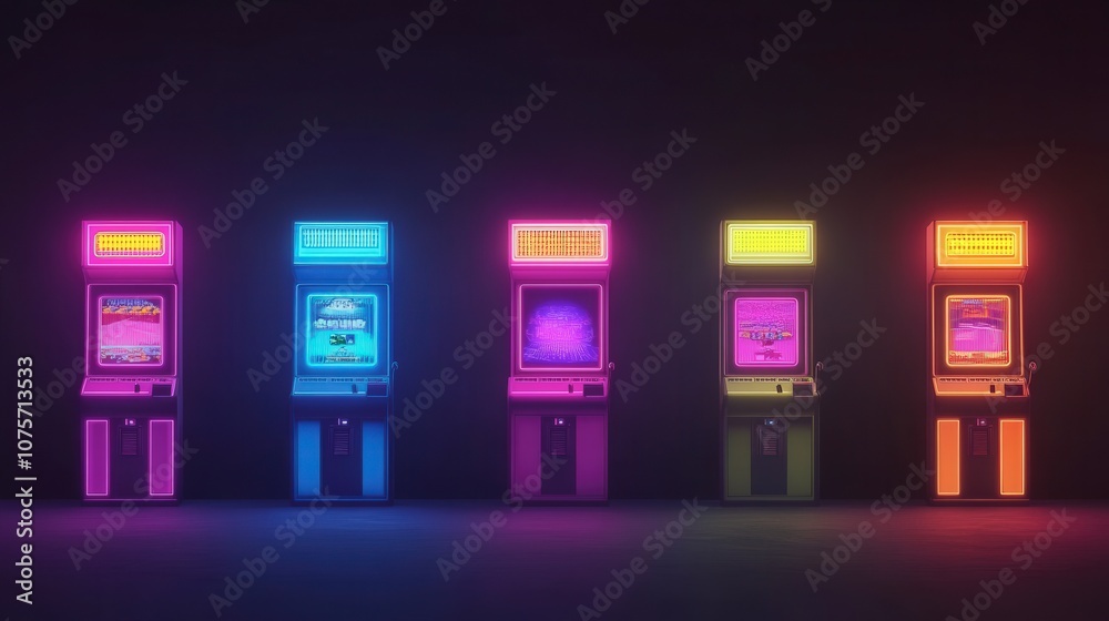 Bright Neon Arcade Game Machines Featuring Colorful Screens and Retro ...