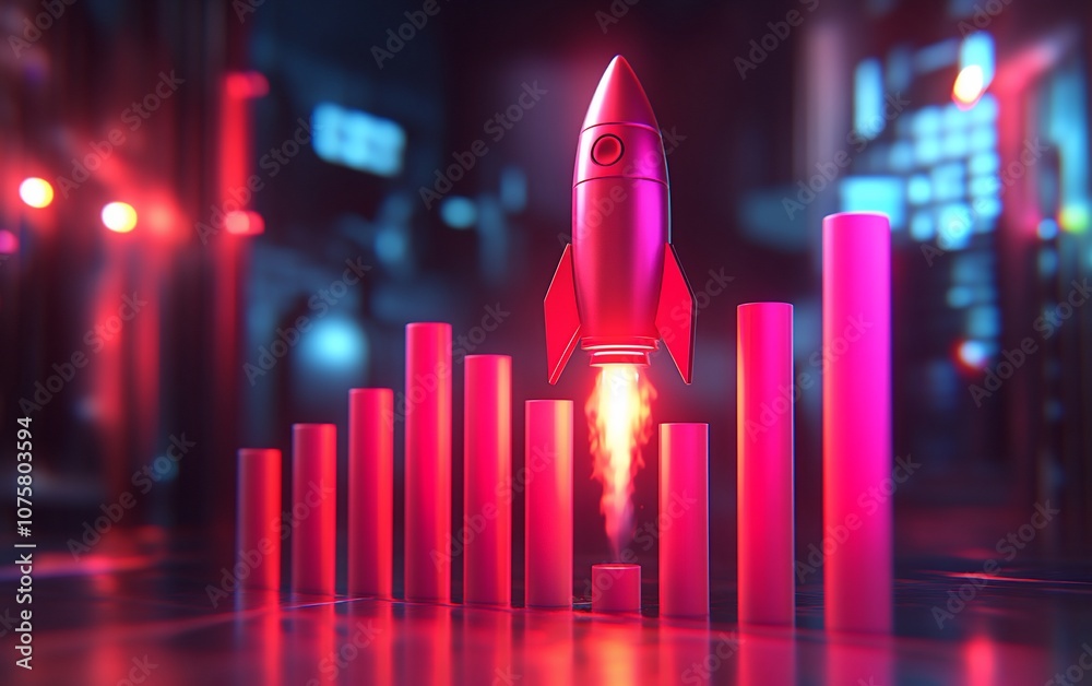 A red rocket ship launches from a bar chart, symbolizing rapid growth ...
