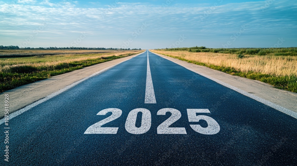 Text "2025" and arrow pointing towards the horizon written on asphalt ...
