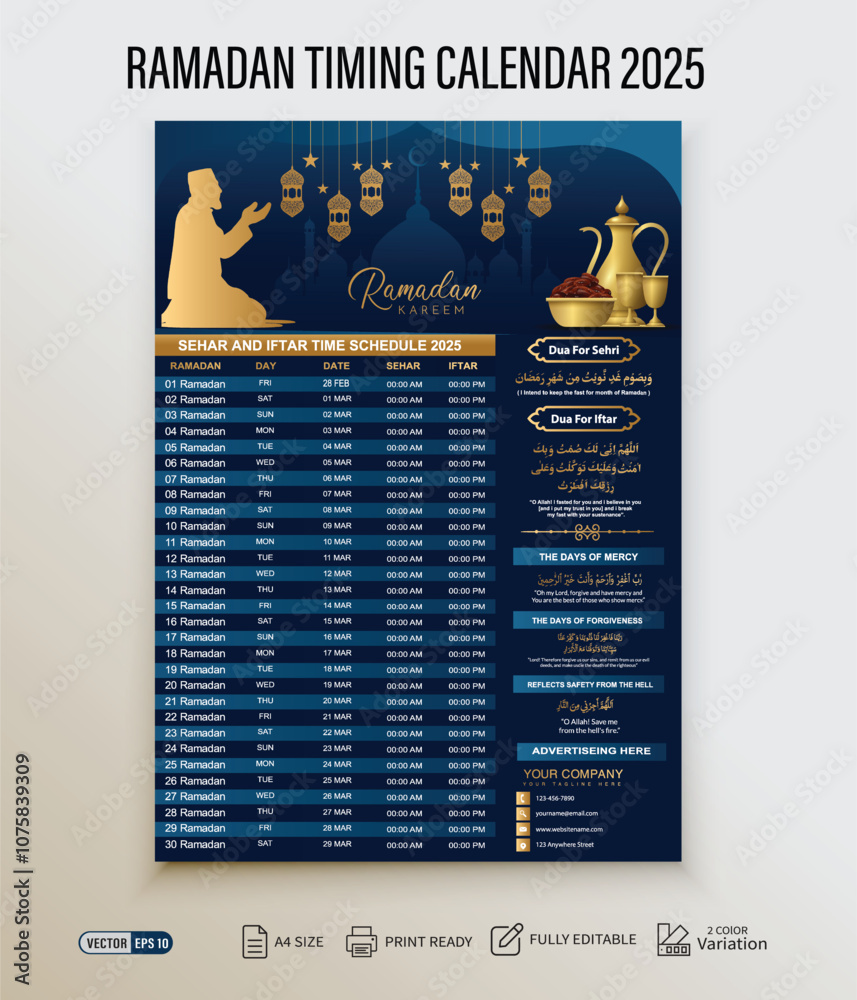 Ramadan Wall Timing Calendar 2025 Featuring Date, Days with Sehar and ...