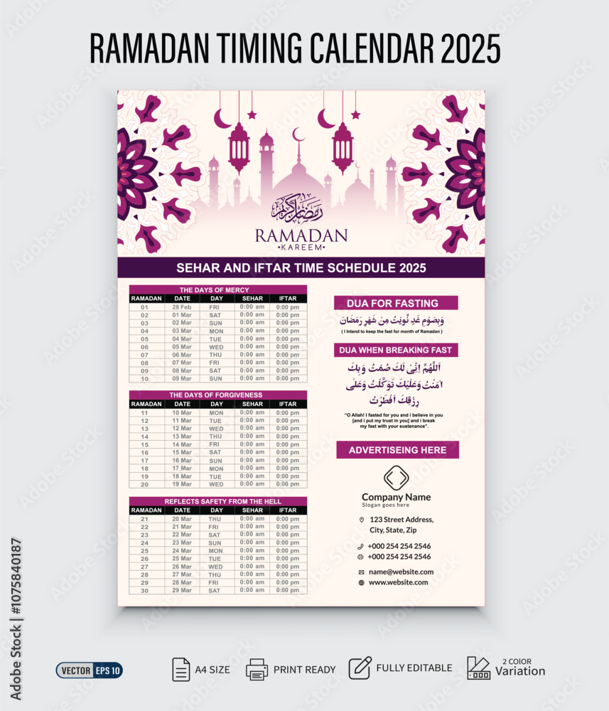 Ramadan Kareem Calendar Design 2025 Fasting Sehar and Iftar Timetable Schedule. Printable ...