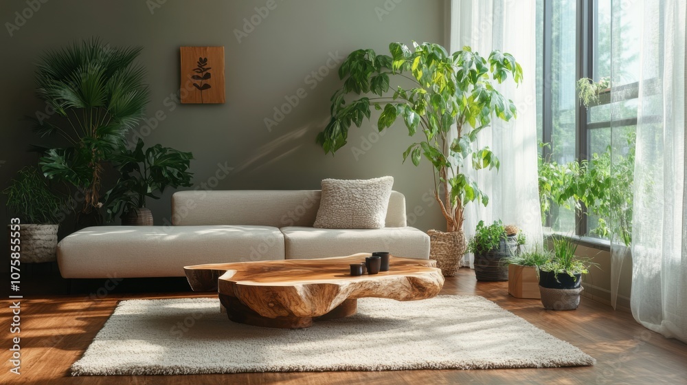 Japandi-style interior with a live edge coffee table and corner sofa ...