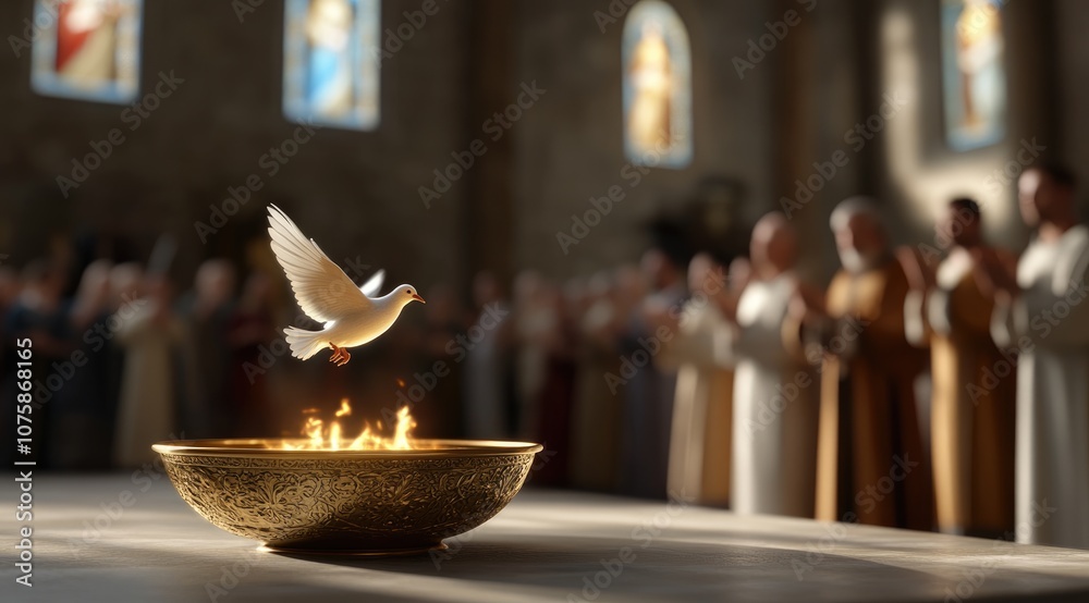 Sacred imagery, white dove as holy spirit emblem, encircled by luminous ...