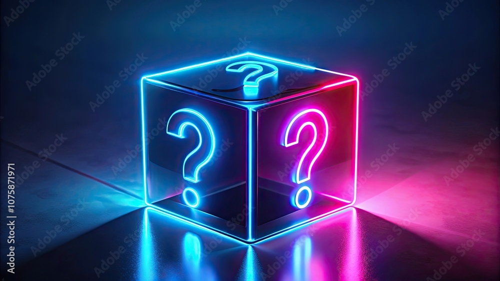 Neon exclamation and question mark symbols glowing on a cube, bright ...