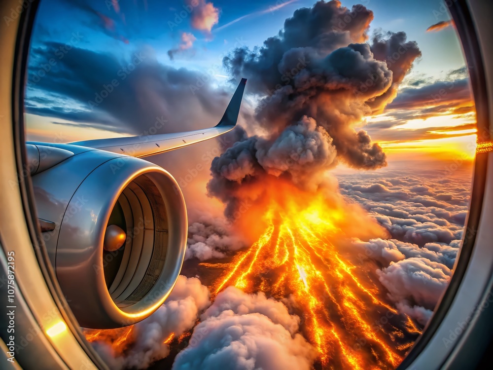 Dramatic View of a Burning Aircraft Engine from Airplane Window with ...