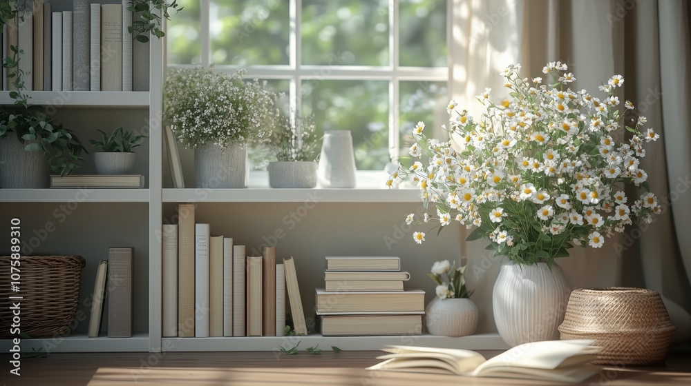 Sunlit Home Decor with Elegant Bookshelves and Flowers: Ideal for Zoom ...