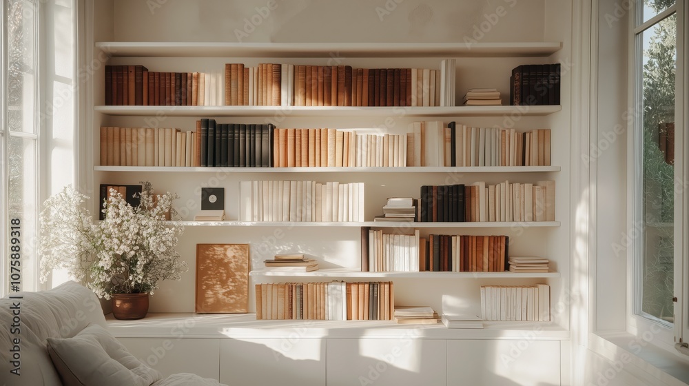 Sunlit Cozy Elegant Home Library with Window and Books: Empty Room ...