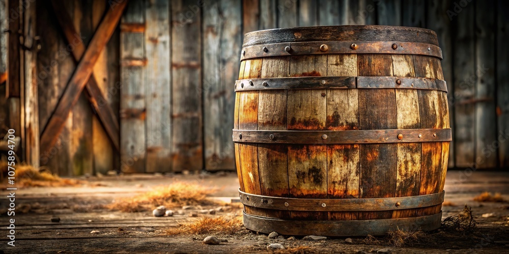 Distressed wooden whiskey barrel with weathered finish and rusted metal ...