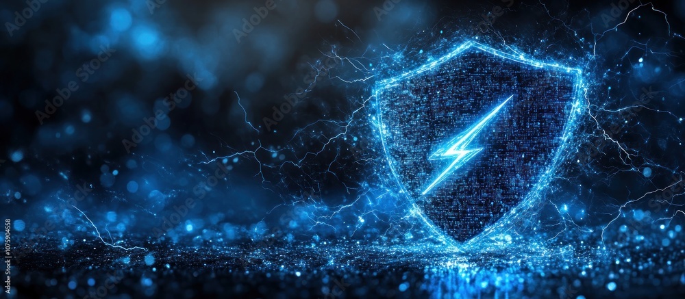 A glowing blue shield with a lightning bolt inside. The shield is ...