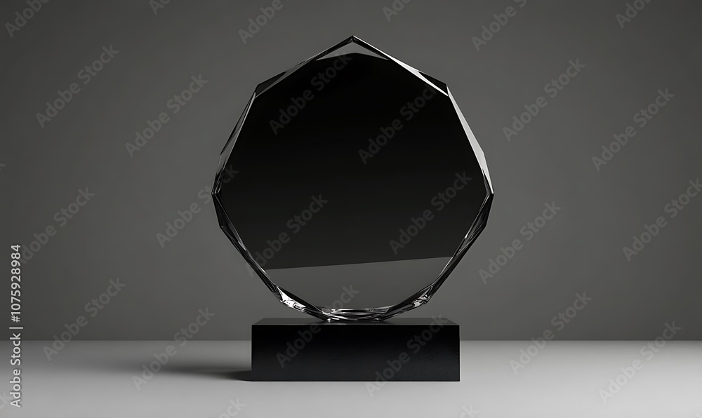 Black round glass trophy mockup in darkness, 3d rendering. Empty ...