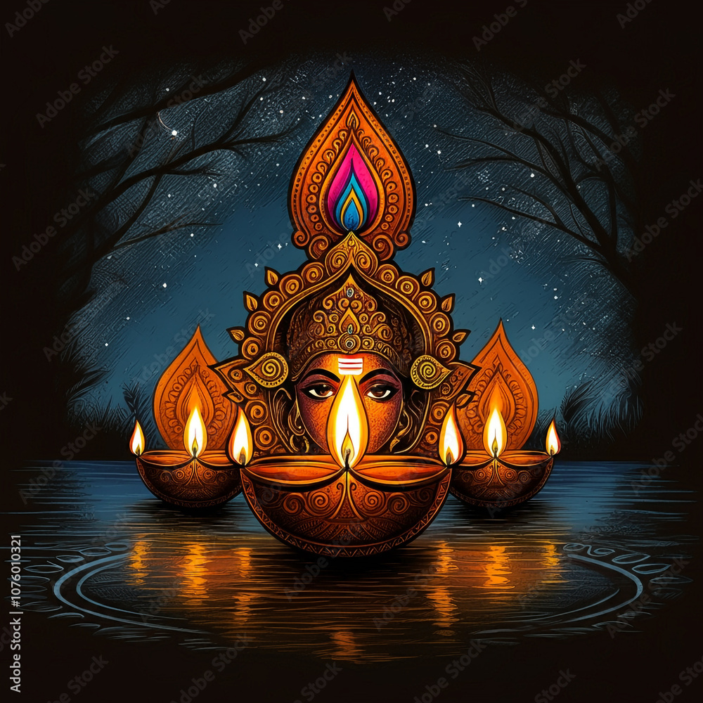 A grand lamp adorned with intricate designs, surrounded by smaller ...