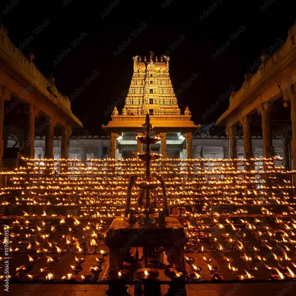 A grand Hindu temple adorned with thousands of oil lamps for the ...