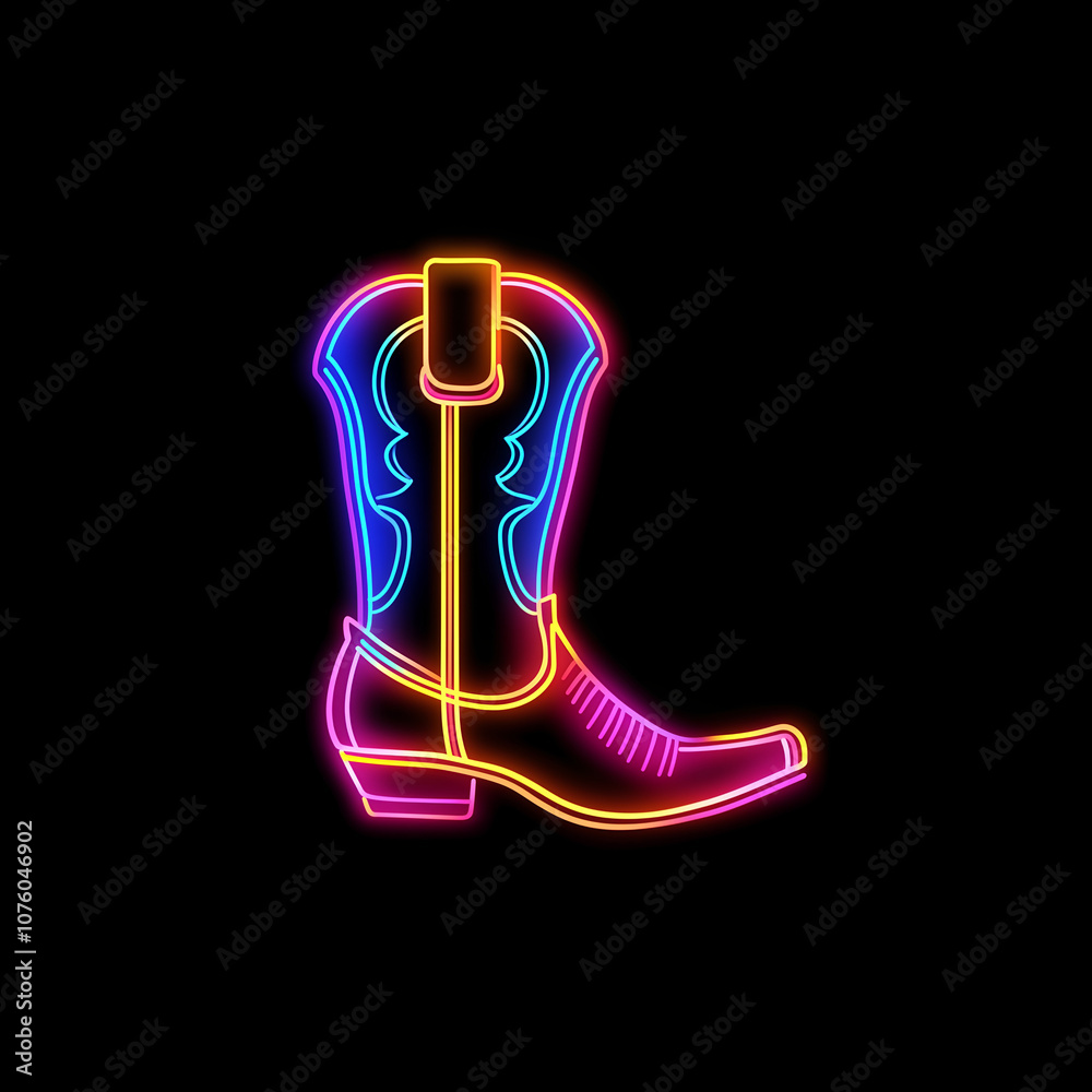3D Vector logo of an illuminated colorful neon cowboy boots, in a black ...