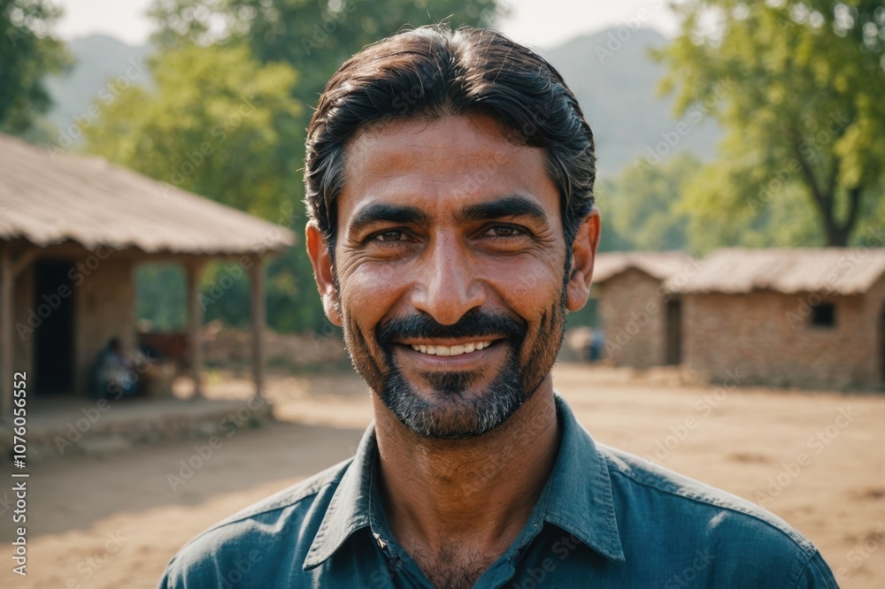 Close portrait of a smiling 40s Pakistani male farmer standing and ...