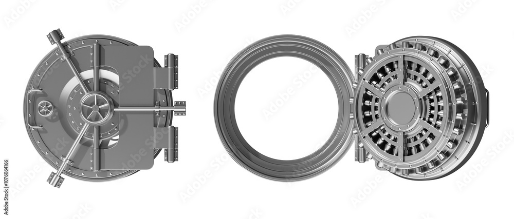 Closed and open bank vault doors on a white background, showcasing ...