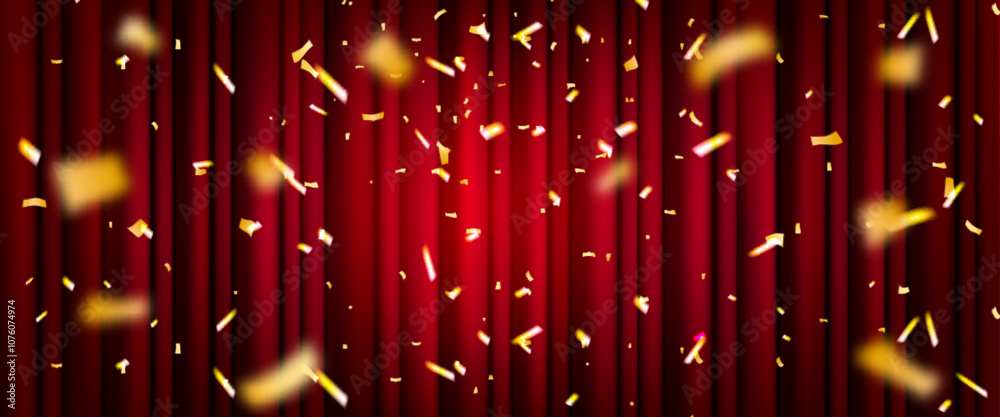 Red velvet drapes with scattered golden confetti. Theater setting with ...
