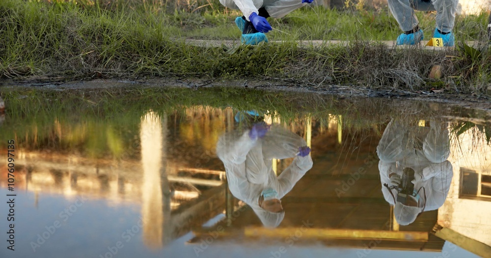 People, forensic and crime scene for evidence by lake outdoor, dna ...