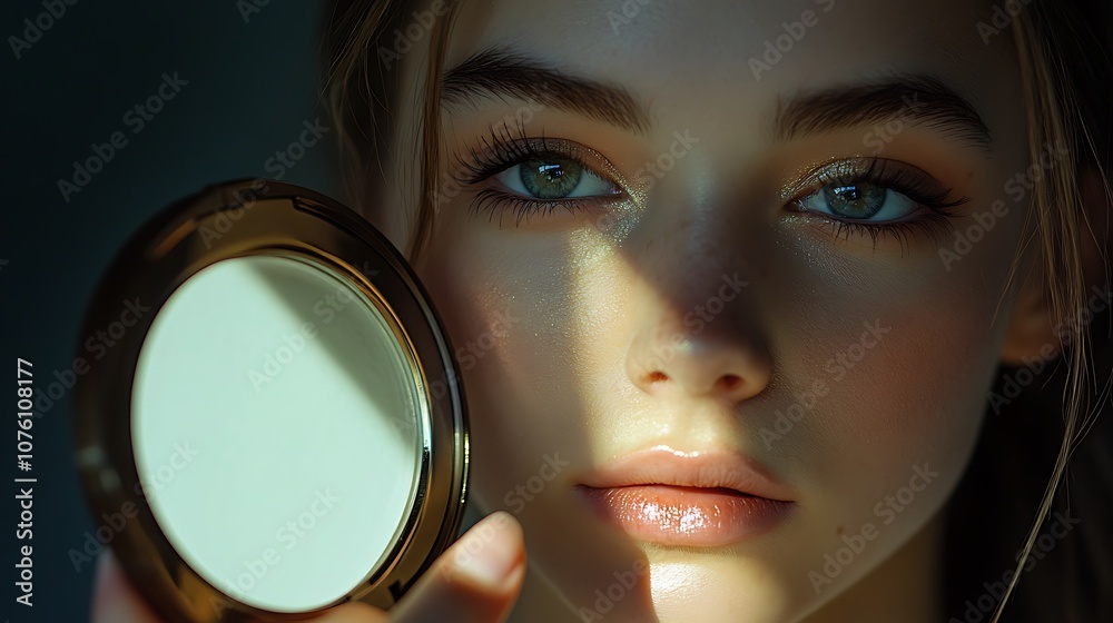 Artistic shot of a young woman applying compact powder, neutral ...