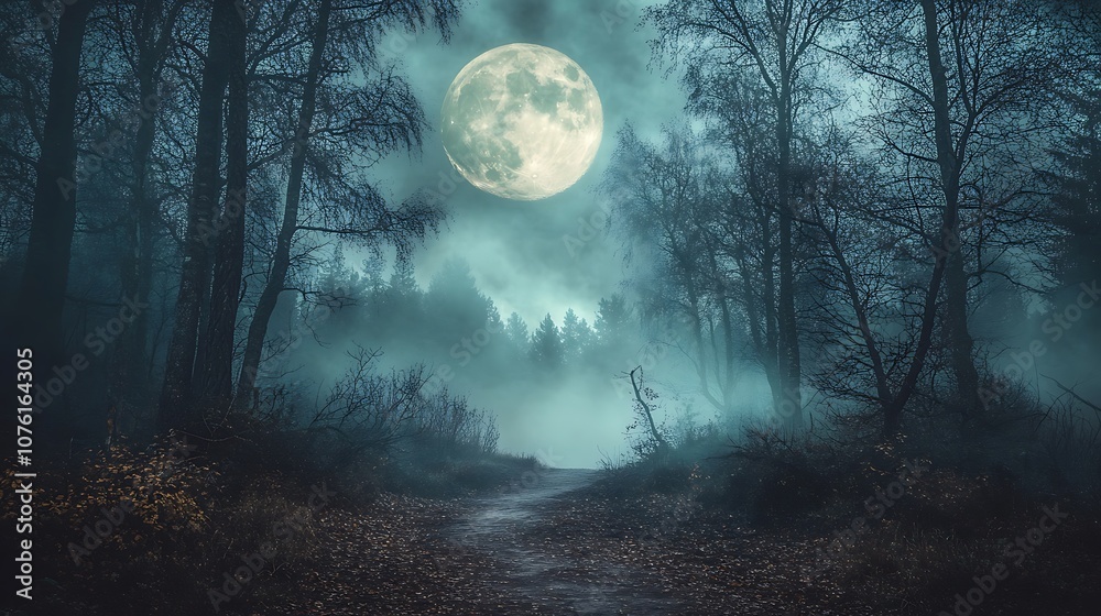Explore the enchanted forest under the mystical full moon for a serene nighttime escape Stock ...