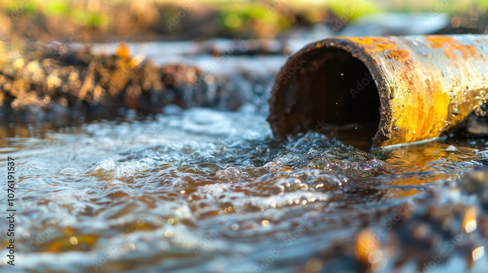 Contaminated water is flowing from an old, rusty pipe into a natural ...