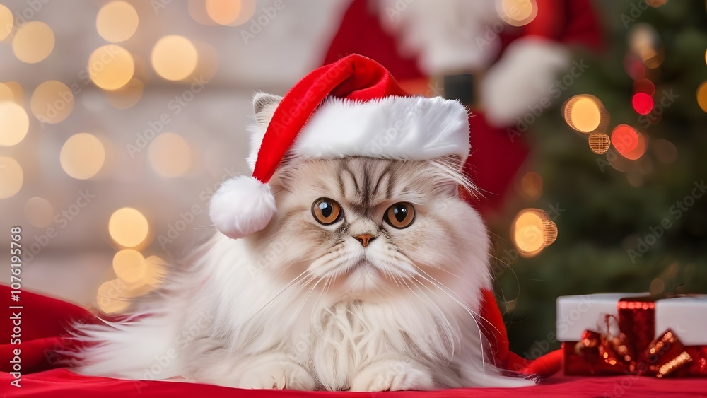 Fluffy white persian cat wearing red santa hat lounging on festive ...