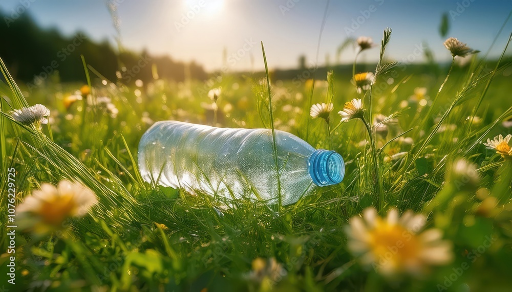 Plastic Bottle Litter in Blooming Meadow at Sunrise. Highlighting ...