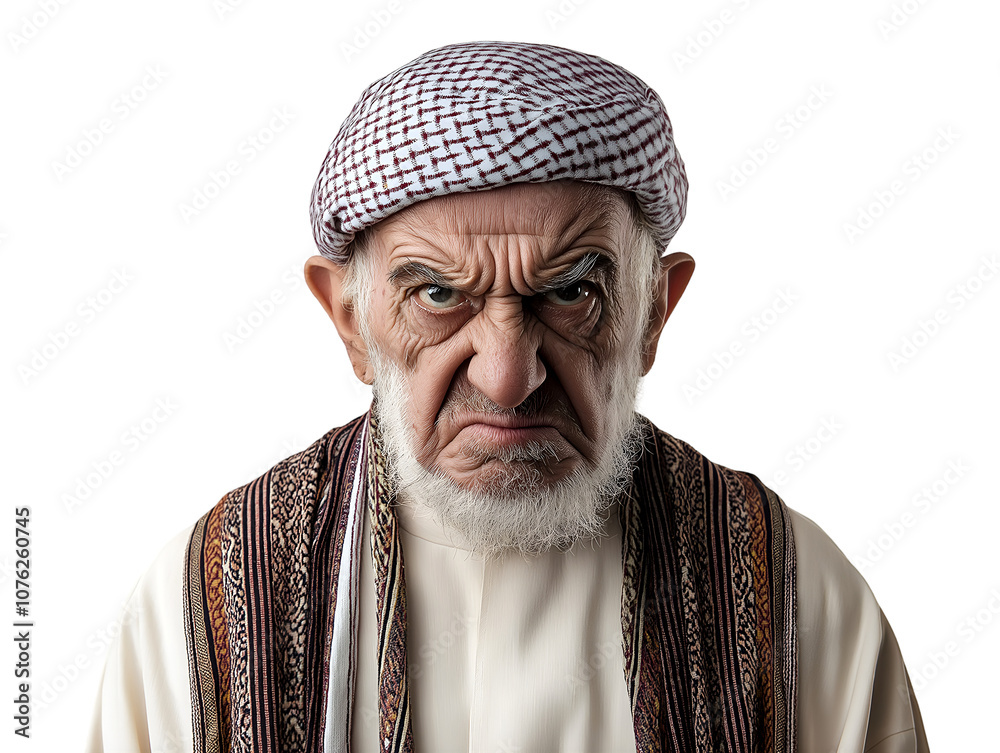 Angry elderly man with traditional Middle Eastern attire and keffiyeh ...