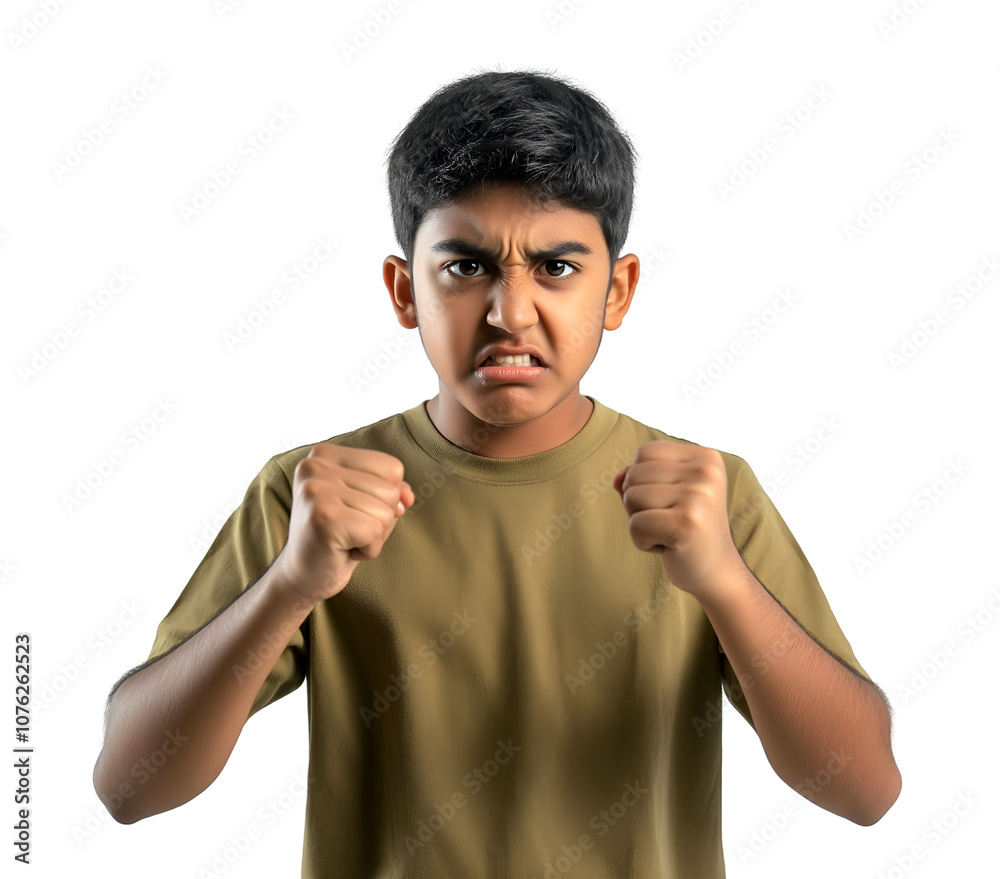 Angry young boy clenching fists in frustration, isolated on a ...