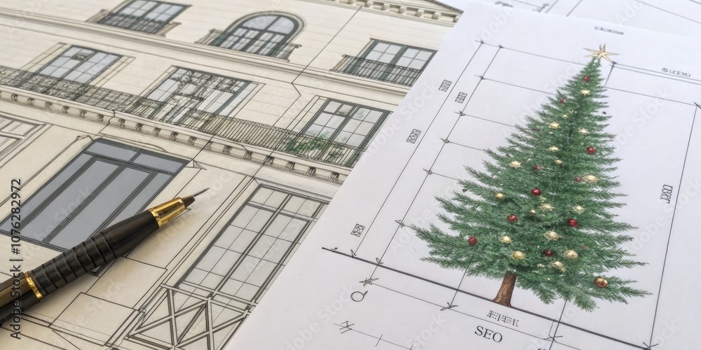 Architectural Blueprint With a Christmas Tree Design During Holiday ...